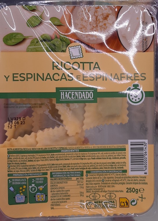 Pasta HACENDADO (MERCADONA) RICOTTA Y ESPINACAS: todos los detalles